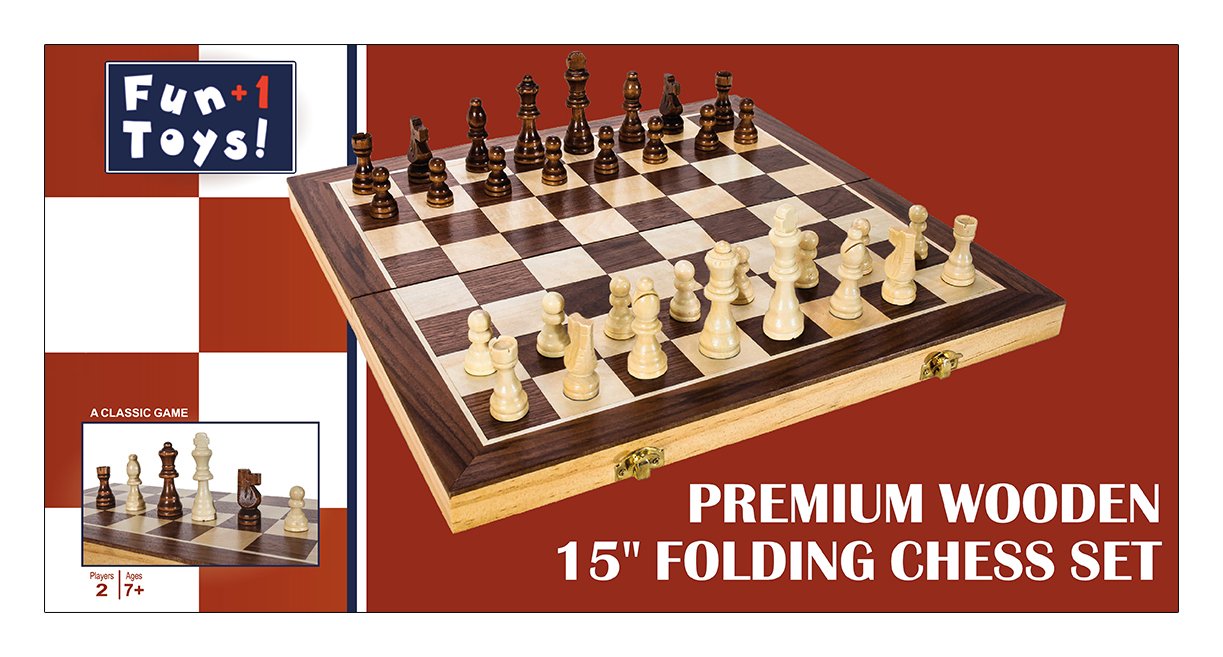 Fun+1 Toys! Wooden Chess Set for Adults and Kids, 15" Portable Chess Board Set with Chess Pieces & Drawstring Bag