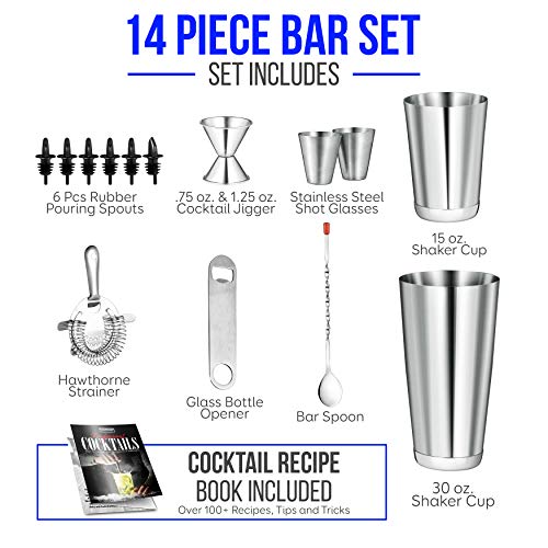NutriChef Mixology Bartender Cocktail Shaker Set - 15 & 30 oz Stainless Steel Cocktail Bar Set Mix Drink Shaker Kit - Essentials Martini Making Kit Drink Mixing Starter Set - NCCS15PC (15 Piece Set)