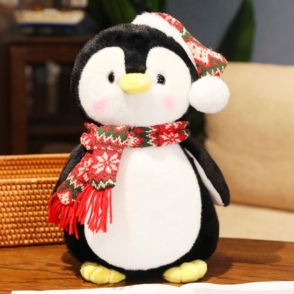 Cute Plush Penguin Stuffed Animal with Hat and Scarf, Penguins Plush Toys,Christmas Penguin Plush Soft Body Pillow Plushies,Room Decor, Gift for Girls and Boy Halloween, Birthdays (Red, 9.8 in)