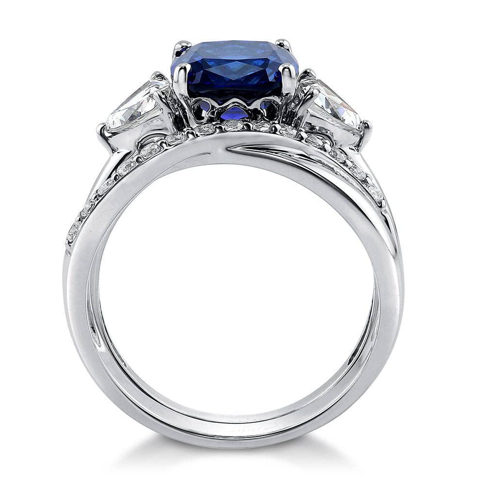 BERRICLE Sterling Silver 3-Stone Wedding Engagement Rings Simulated Blue Sapphire Cushion Cut Cubic Zirconia CZ Criss Cross Ring Set for Women, Rhodium Plated Size 7