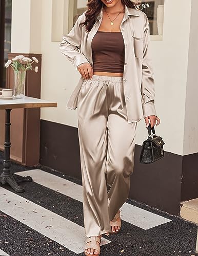 Ekouaer Womens Silky Loungewear Loose Satin Sleepwear Classic Long Sleeve Two Piece Pajama Set Champagne S
