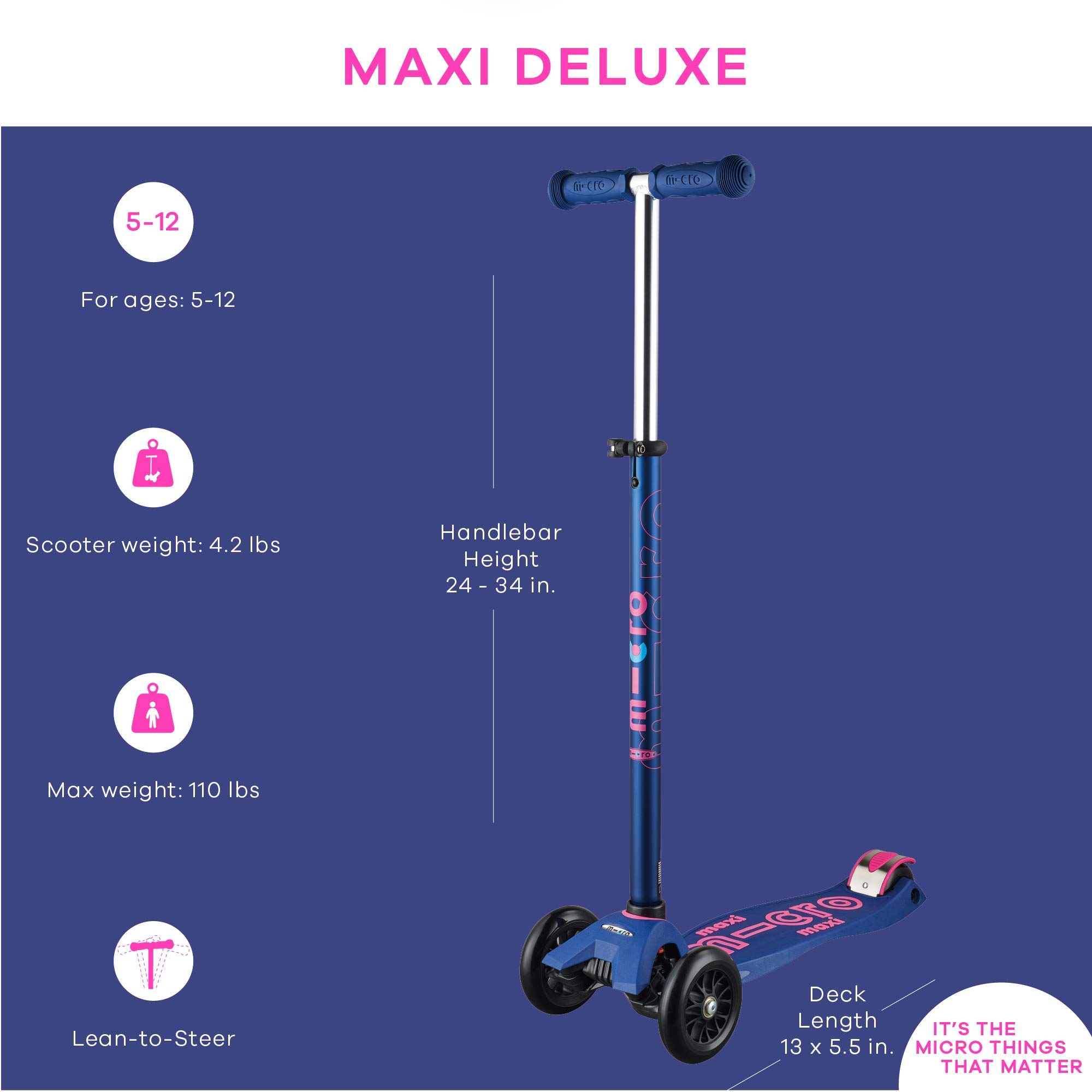 Micro Kickboard - Maxi Deluxe 3-Wheeled, Lean-to-Steer, Swiss-Designed Micro Scooter for Kids, Ages 5-12 - Indigo