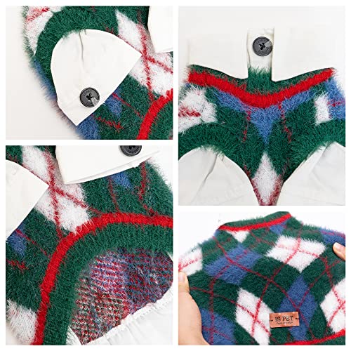 Fleece Dog Sweater - Classic Plaid Dog Sweater, Patchwork Doggies Fall Winter Sweatshirt Soft Warm Puppy Clothes for Small Medium Dogs Girls Boys Green