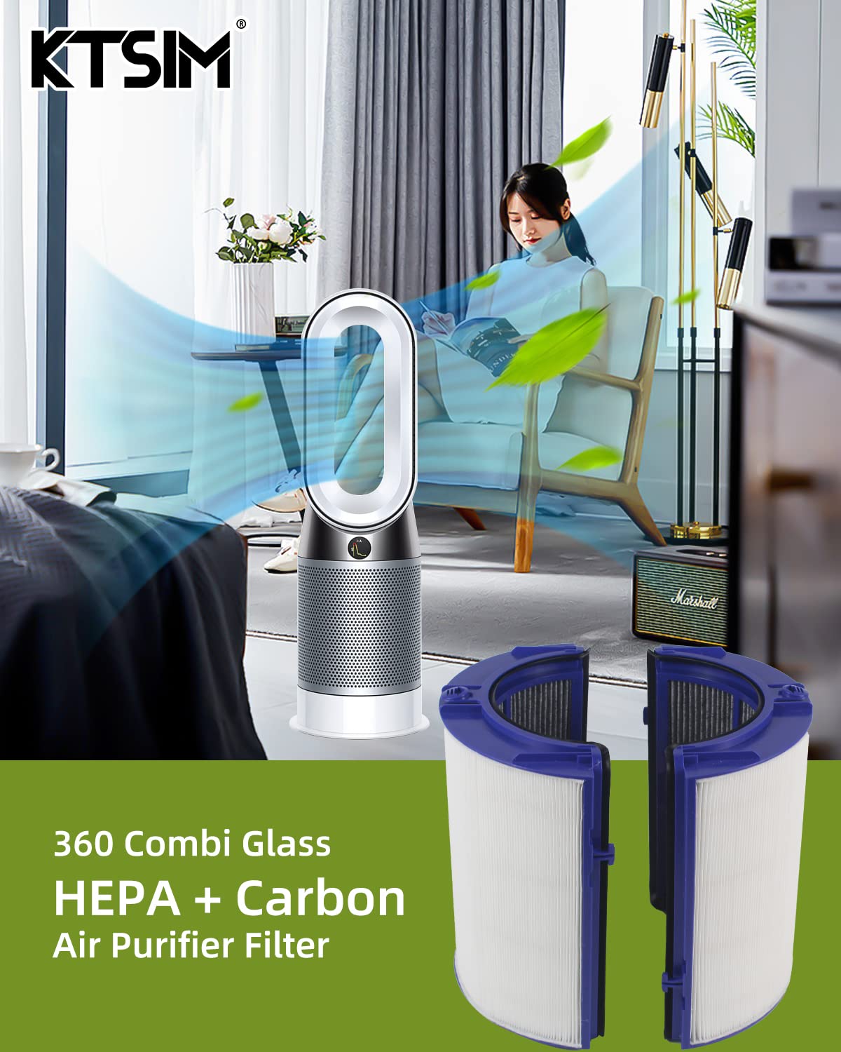 KTSIM 360 Combi Glass HEPA+Carbon Air Purifier Filter Compatible with Dyson TP06, HP06, PH02 Air Purifier and More