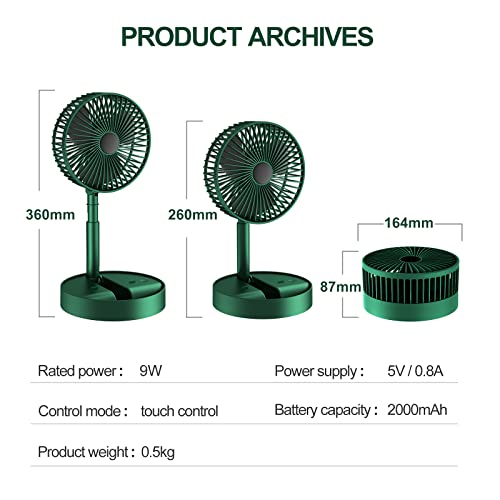 Maelifu Folding Fan Quiet 3- Speed Wind Highly Stretchable Simulated Natural Wind 180 ° Adjustment Battery Powered or USB Powered Home Desk Bedroom Portable Travel Mini Decorative Fan(Green