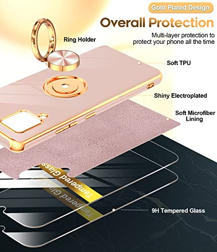 LeYi for Samsung Galaxy A42 5G Case with Tempered Glass Screen Protector [2 Pack] 360° Rotatable Ring Holder Magnetic Kickstand, Plating Rose Gold Edge Protective Case, Pink