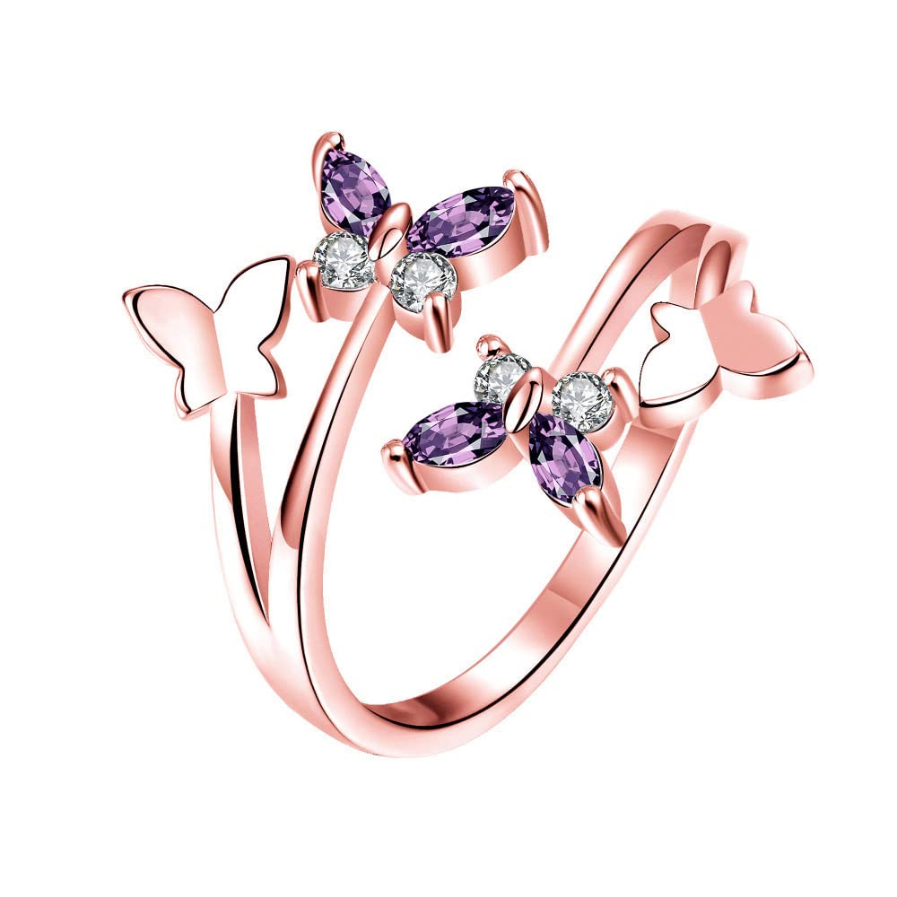 Butterfly Ring Sparkly Cubic Zirconia Bow-Knot Knuckle Ring for Women Girls Adjustable Stackable Open Ring-Rose Gold