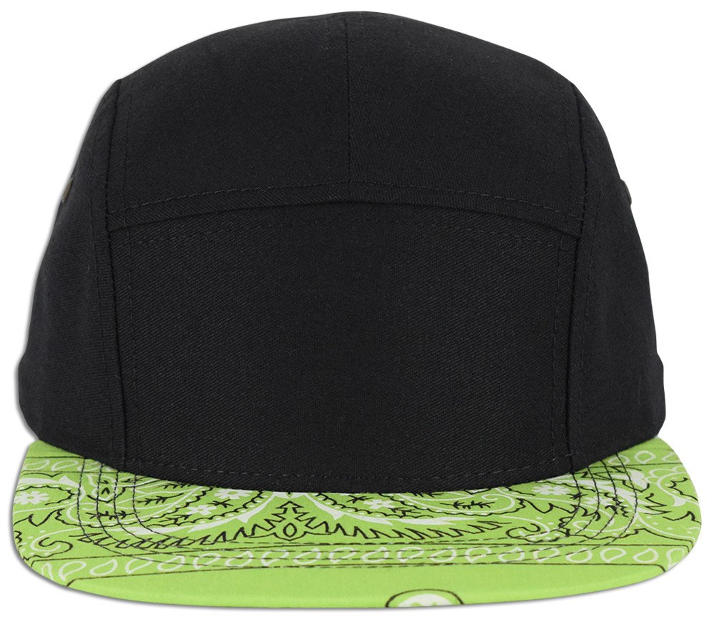 Bandana Brim Paisley Money Camouflage Camper 5 Panel Strapback Buckle Hat Cap (Black/Lime Green Aisley)