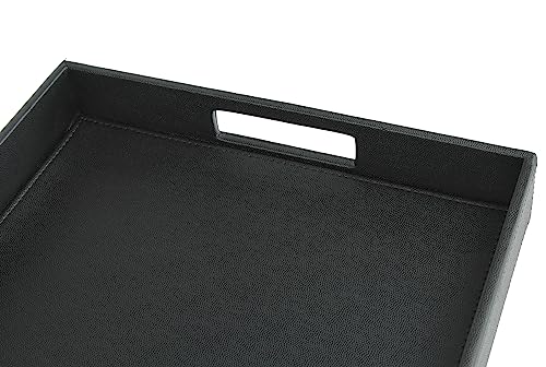 HofferRuffer Rectangle Serving Tray with Hole Handles for Coffee Table, Breakfast, Tea, Food, Butler - Countertop, Kitchen, Vanity Serve Tray, 16.2 x 12.2 x 2 inches, Faux Leather Tray (Black)