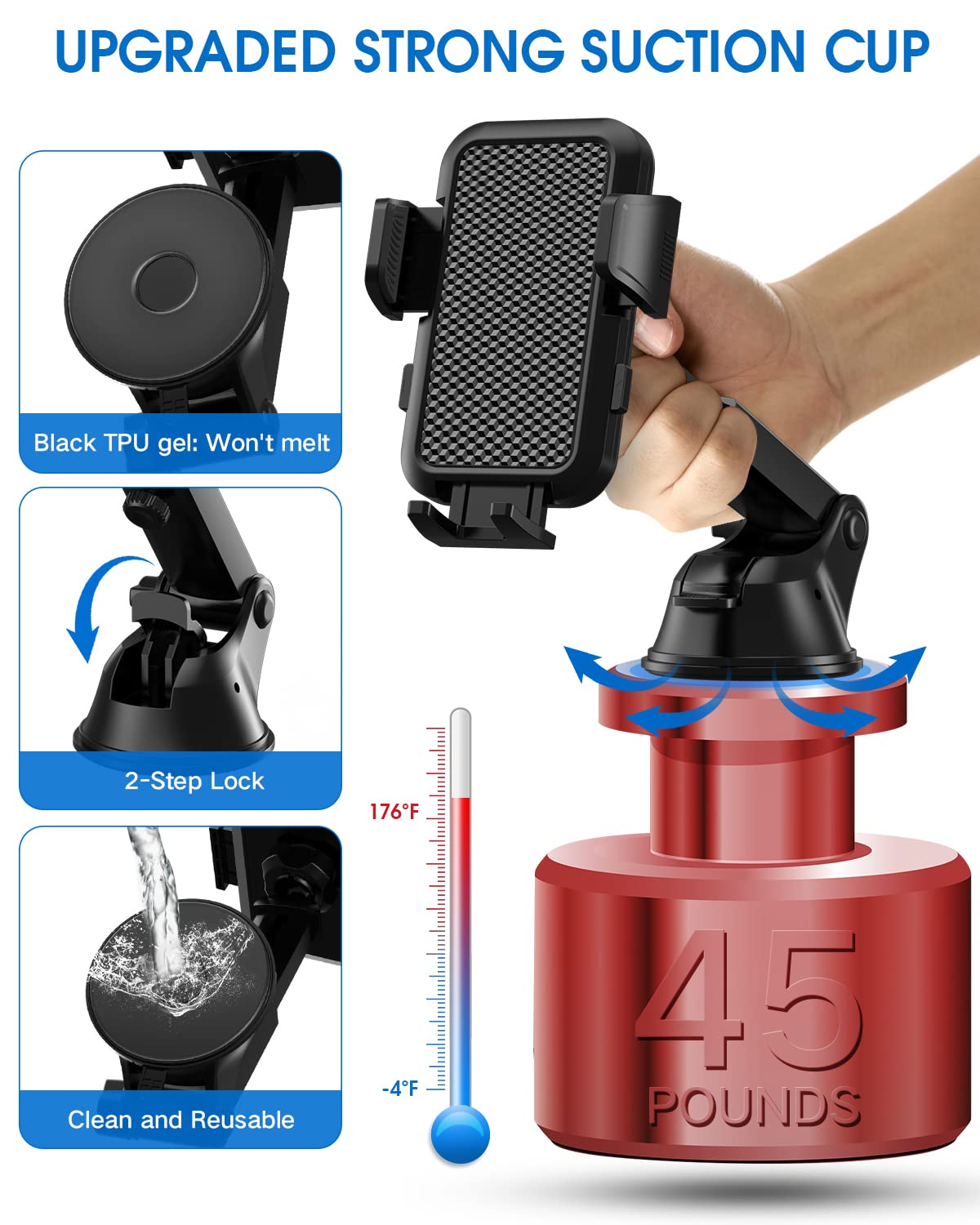 EOCAHO Car Phone Holder Mount, Upgraded Super Strong Suction Power Phone Mount for Car Dashboard Windshield Air Vent, Universal Cell Phone Holder Car Compatible with iPhone Samsung All Phones
