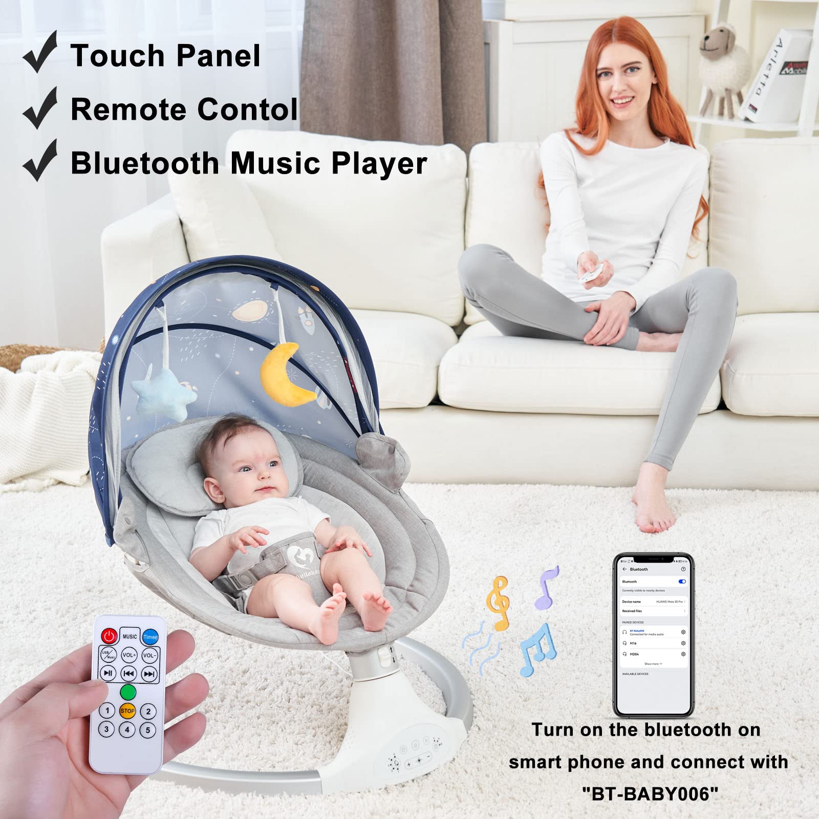 Bellababy Bluetooth Baby Swing for Infants, Compact & Portable Baby Bouncer, 3 Seat Positions, 5 Speed, 10 Lullabies, Remote Control, USB Plug-in Power, Indoor/Outdoor Baby Rocker, Boy/Girl Gray