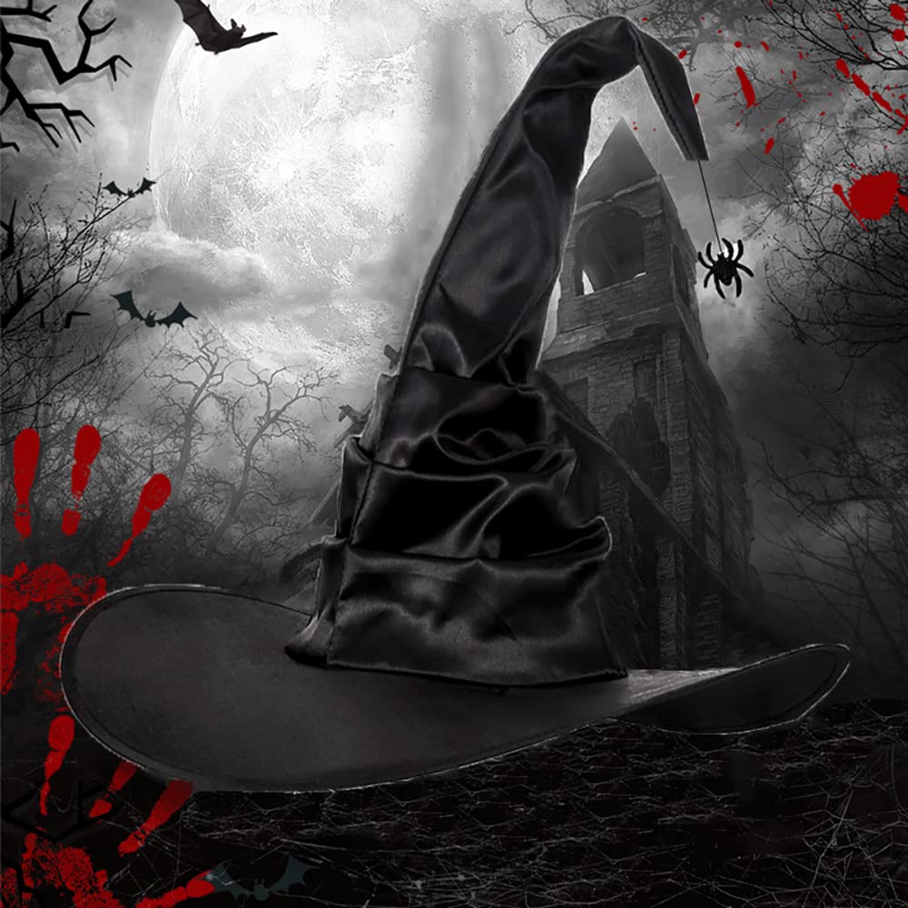 XGOPTS Halloween Women Witch Hat Black Ruched Crooked Wicked Witch Hat Devil Spider Wizard Hat for Costume Cosplay Party