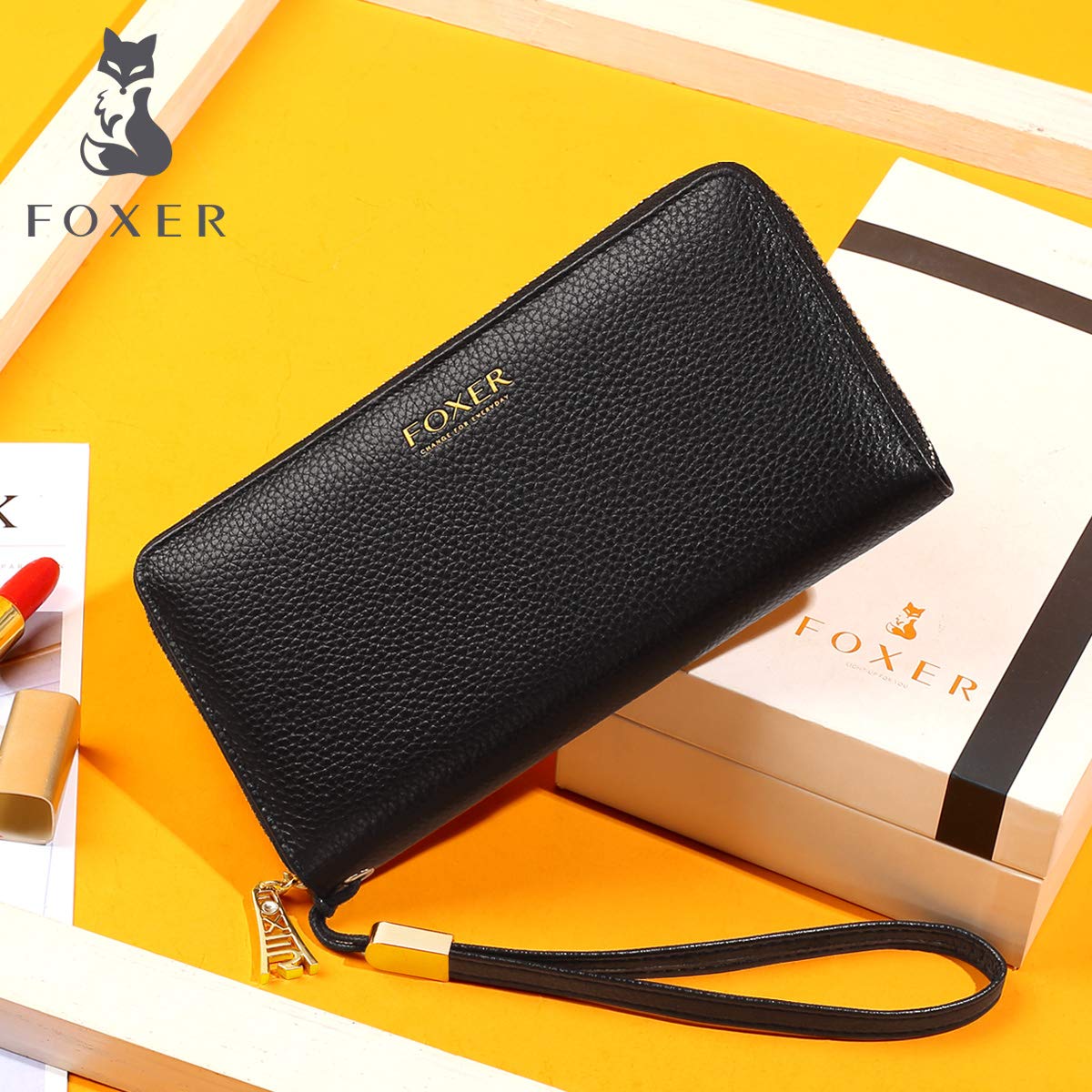 FOXER Leather Zip Around Wallets for Women, Genuine Leather RFID Blocking Gift Box Packing 17 Card Slots Ladies Long Purses with Zipper Coin Pocket Women's Clutch Wallets with Wristband (Black)
