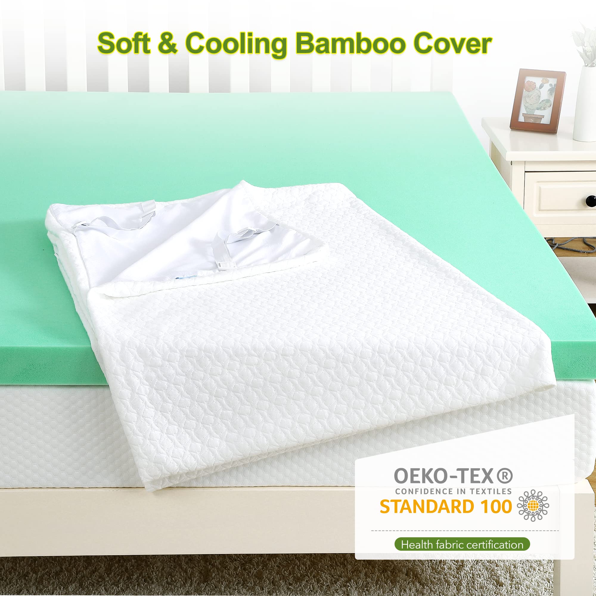 Mattress Topper Full, Homhougo 2 Inch Green Tea Memory Foam Mattress Topper with Zippered Bamboo Cover, Cloud-Like Soft