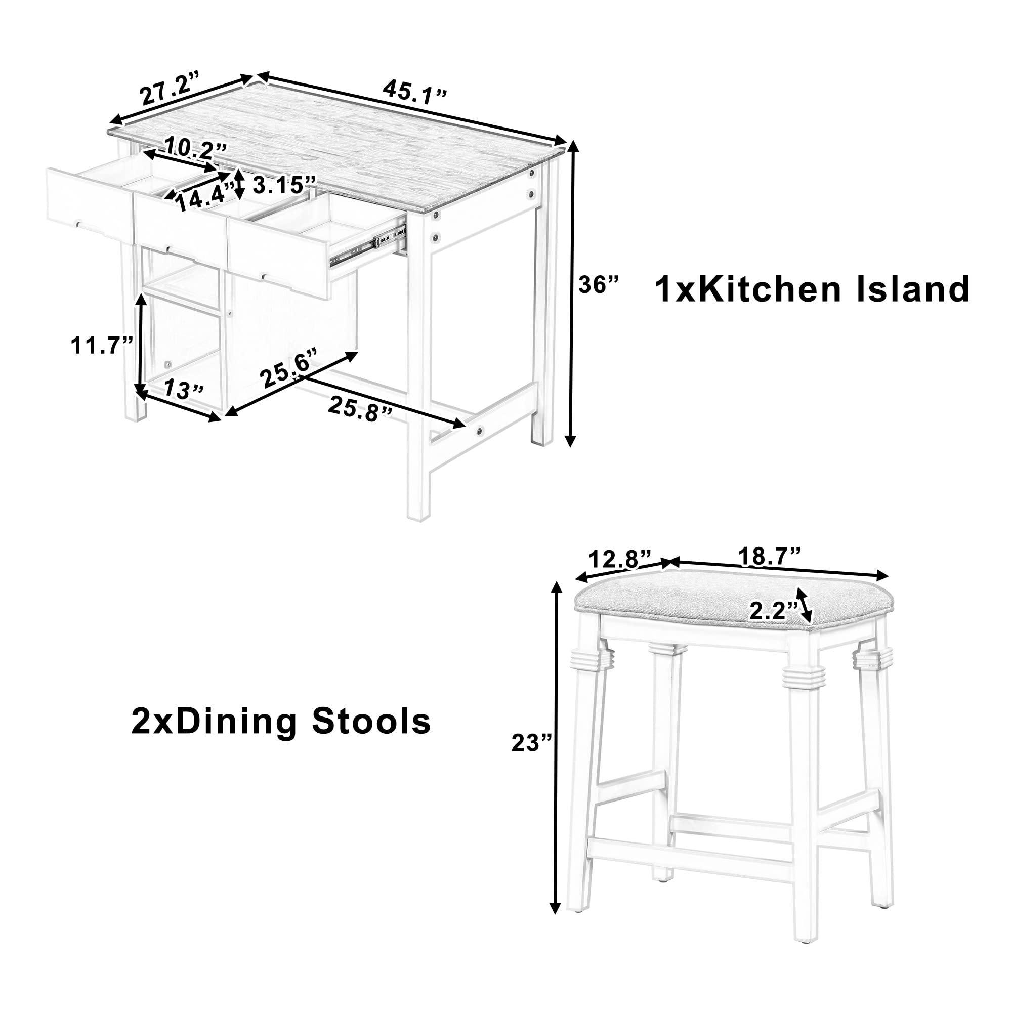 Bellemave 3 Piece Kitchen Island with Seating for 2 Counter Height Dining Table Set with Storage Farmhouse Wood Bar Table with Stools Small Breakfast Dinner Table and Chairs, White