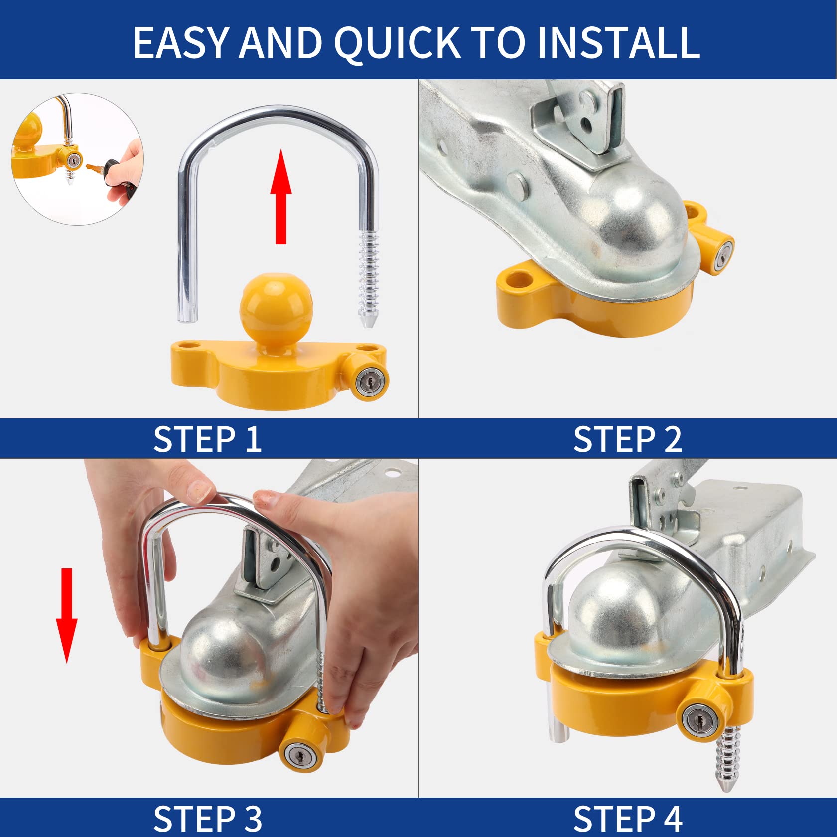 Keyed Alike Trailer Receiver Lock& Coupler Lock Kit, 1/2" and 5/8" Dia Dual Bent Pin Hitch Lock, 1/4β Dia 3/4β Inch Span Coupler Lock,Universal Tow Ball Lock Fits 1-7/8",2' 2-5/16" Coupler Yellow