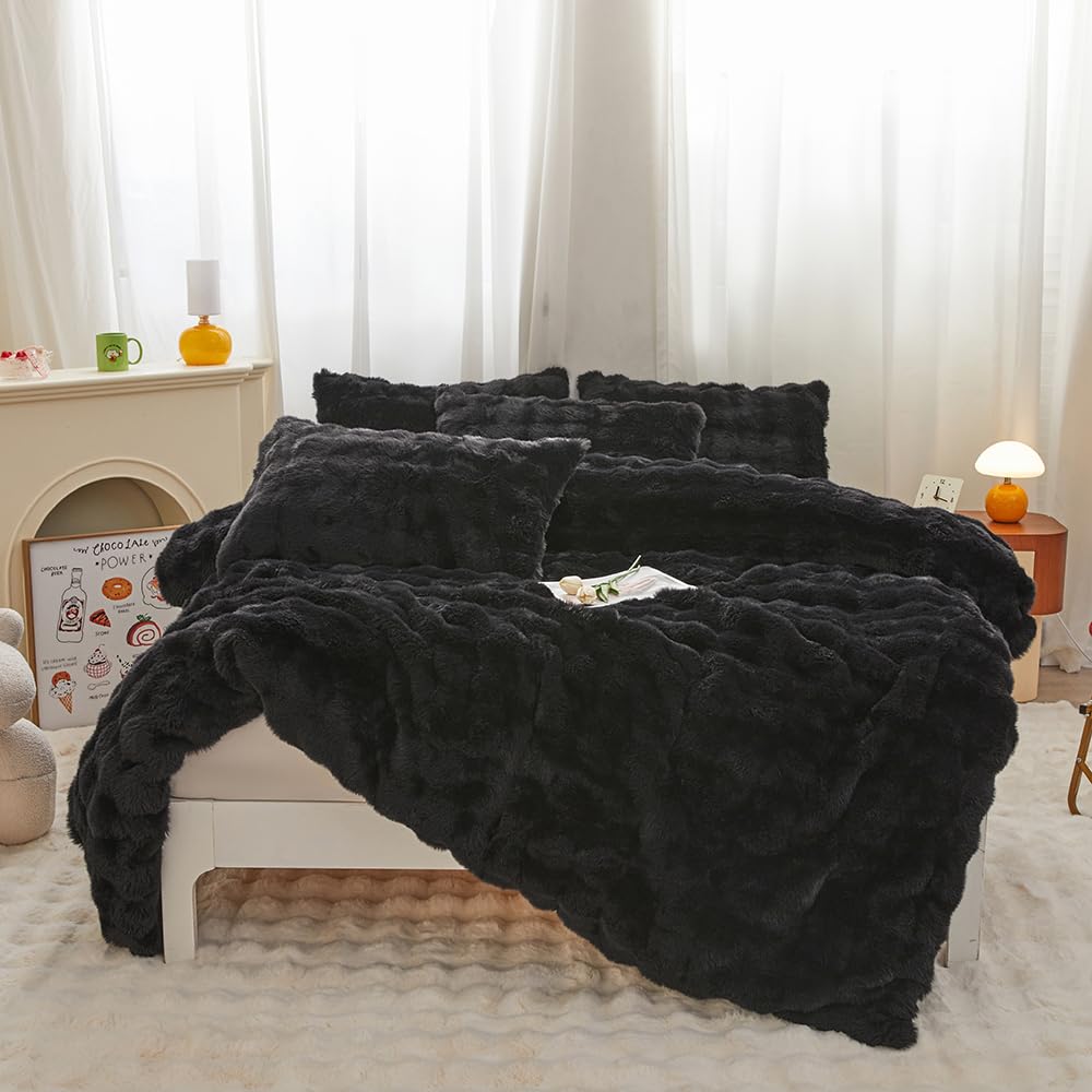 chovy Kids Girls Rabbit Plush Black Bread Grid Comforter Cover Duvet Cover Full - 3PC Faux Fur Bed Set Soft Warm Velvet Flannel Fluffy Fuzzy Bedding(Comforter x 1 Pillowcases x 2)