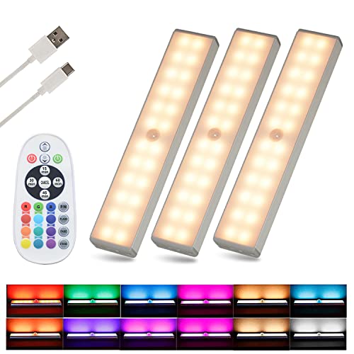 Under Cabinet Lighting Wireless, 48 LED 15 Colors Changeable Rechargeable RGB Under Cabinet Lights Remote Control Under Counter Lights Mini Night Light Bar for Indoor Display Shelf, 3 Pack