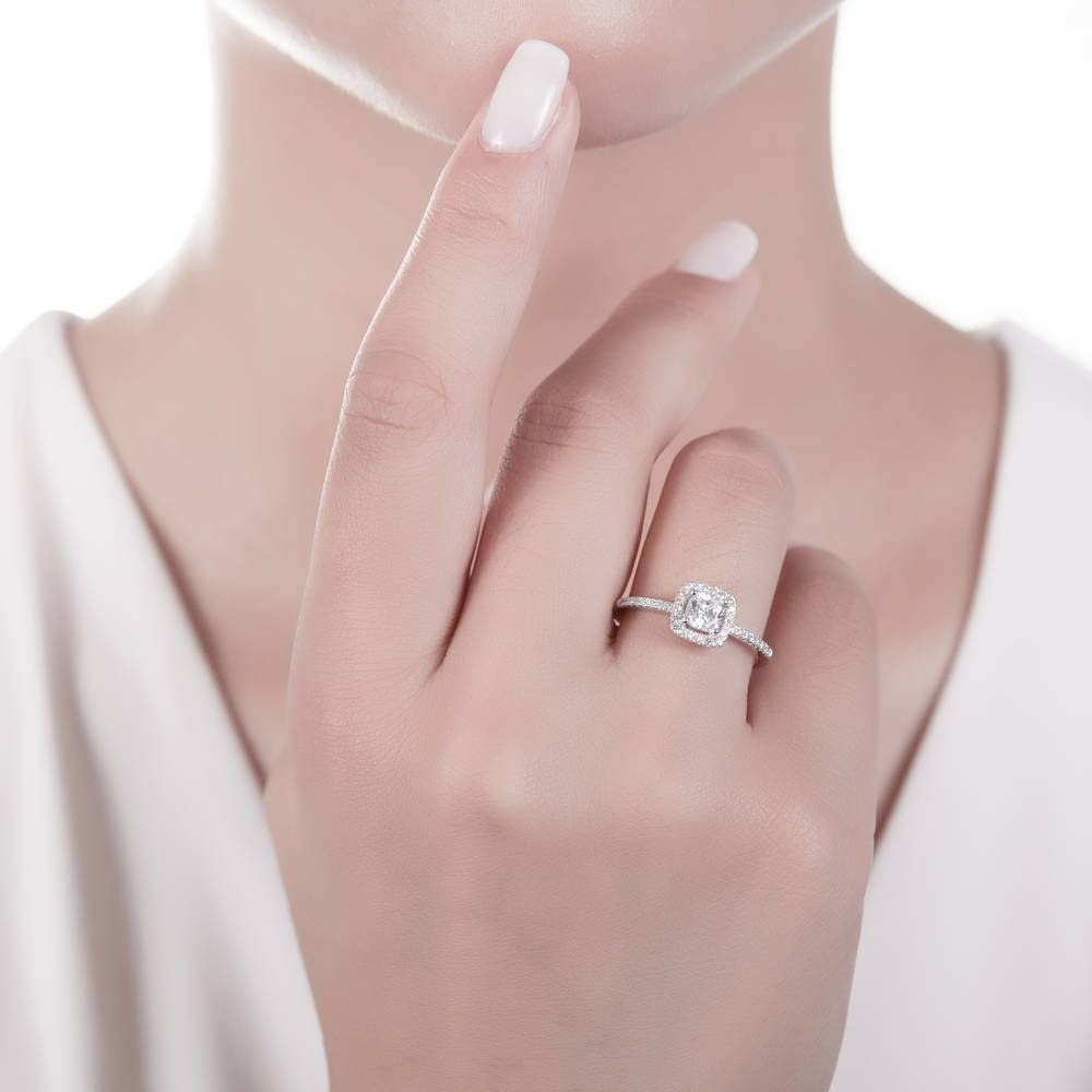 BERRICLE Sterling Silver Halo Wedding Engagement Rings Cushion Cut Cubic Zirconia CZ Ring Set for Women, Rhodium Plated Size 7
