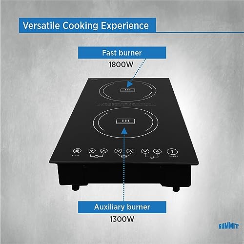 Summit SINC2220 12-inch 2 burner Digital Electric Induction Cooktop with 7-piece cookware set, Jet Black Glass, 230V, 3100W, LED Display, 8-Power Level, Timer, Easy Plug-In, Easy to Clean