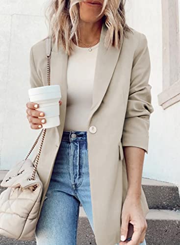 Dokotoo Women's Blazers & Suit Jackets Open Front Buttons Fashion Jacket Solid Color Work Office Spring Blazer Jackets for Women Business Casual Khaki Large