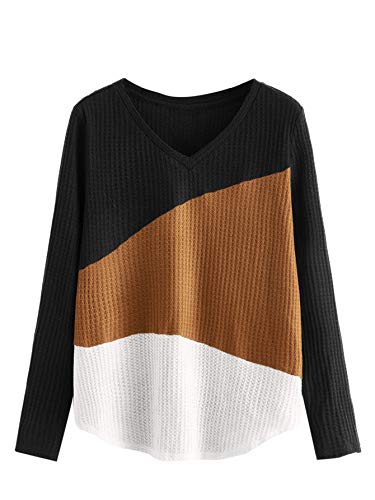 Floerns Women's Plus Size Waffle Knit Shirt Casual Colorblock Long Sleeve V Neck Pullovers Tops Multi 0XL