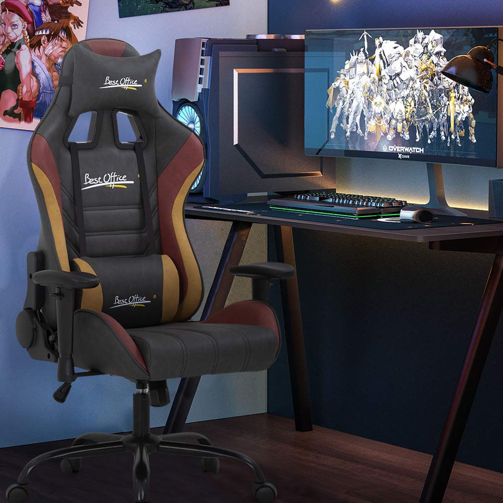 BestOffice Ergonomic Office Racing Computer Lumbar Support Headrest Adjustable Armrest Rolling Swivel Desk PU Leather E-Sports Task Chair, Red