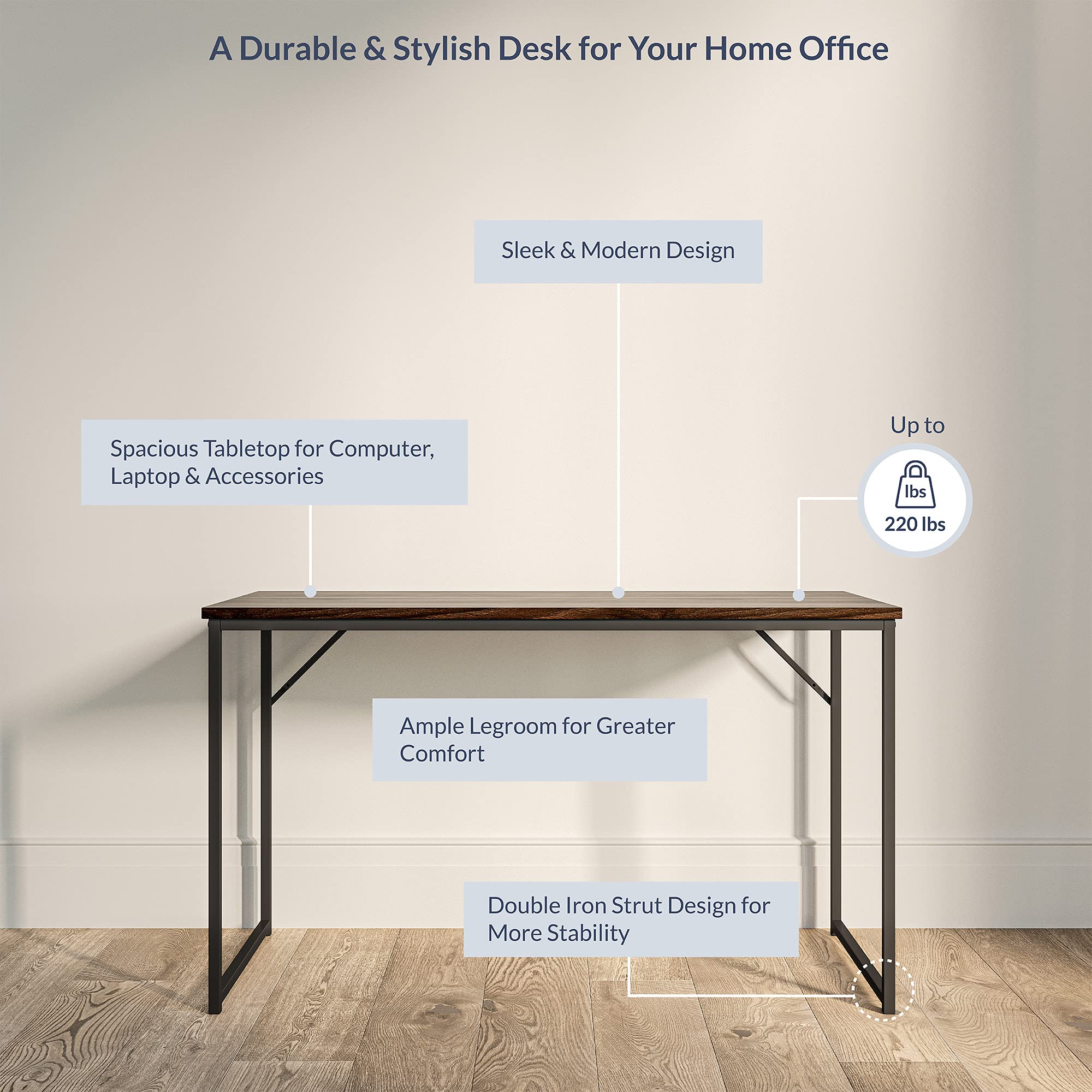 BELLEZE Modern 47 Inch Home Office Computer Laptop Writing Desk or Study Table Workstation with Simple Design, Wood Top, and Black Metal Frame - Barton (Dark Walnut)