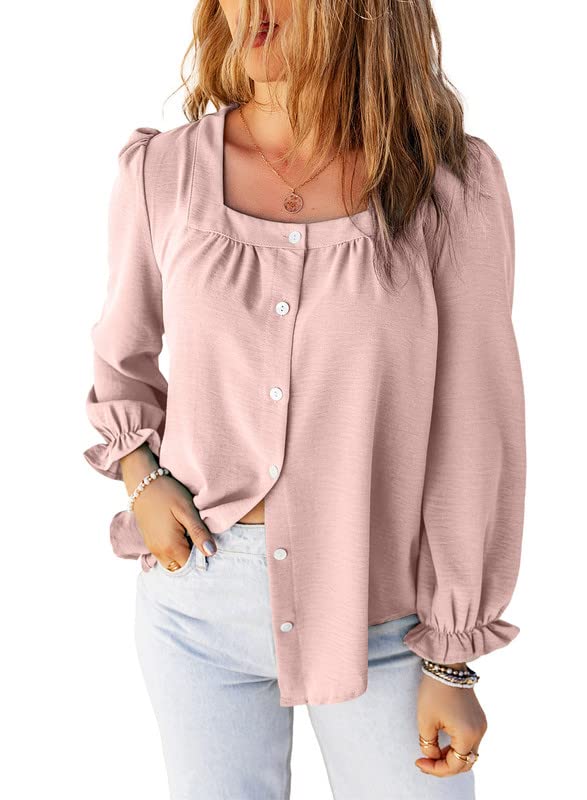 Dokotoo Womens Ladies Elegant Bell Long Sleeve Summer Fall Tops Square Neck Button Down Chiffon Office Work Shirts and Blouses for Women Fashion 2023 Casual Loose Shirts Pink Medium