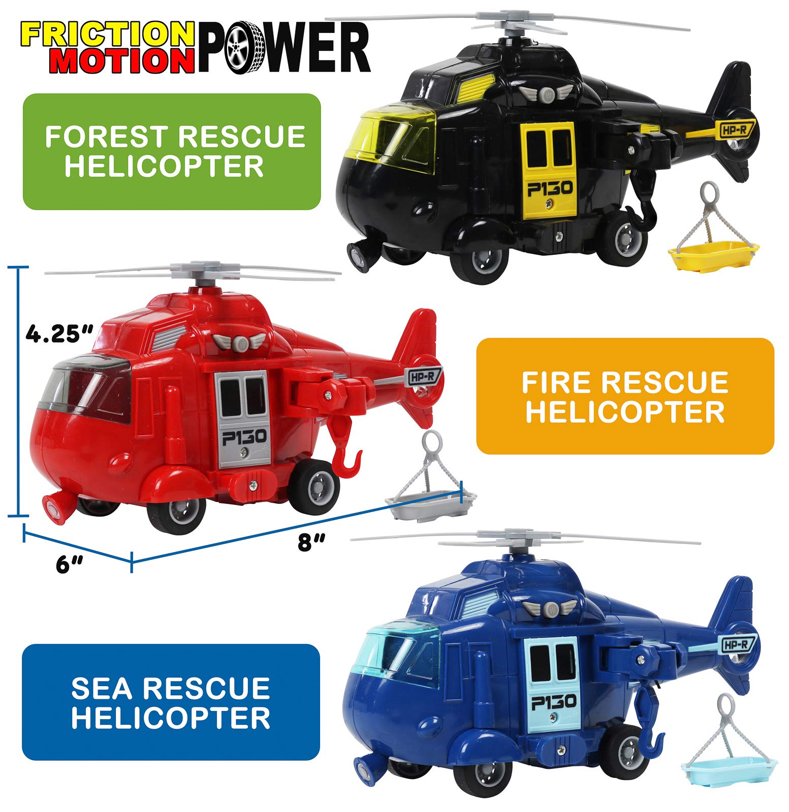Helicopter Toys for Boys [3 Pack] | Kids Rescue Play Set Friction Powered with Realistic Lights & Sounds | Includes Police, Fire & Rescue Team