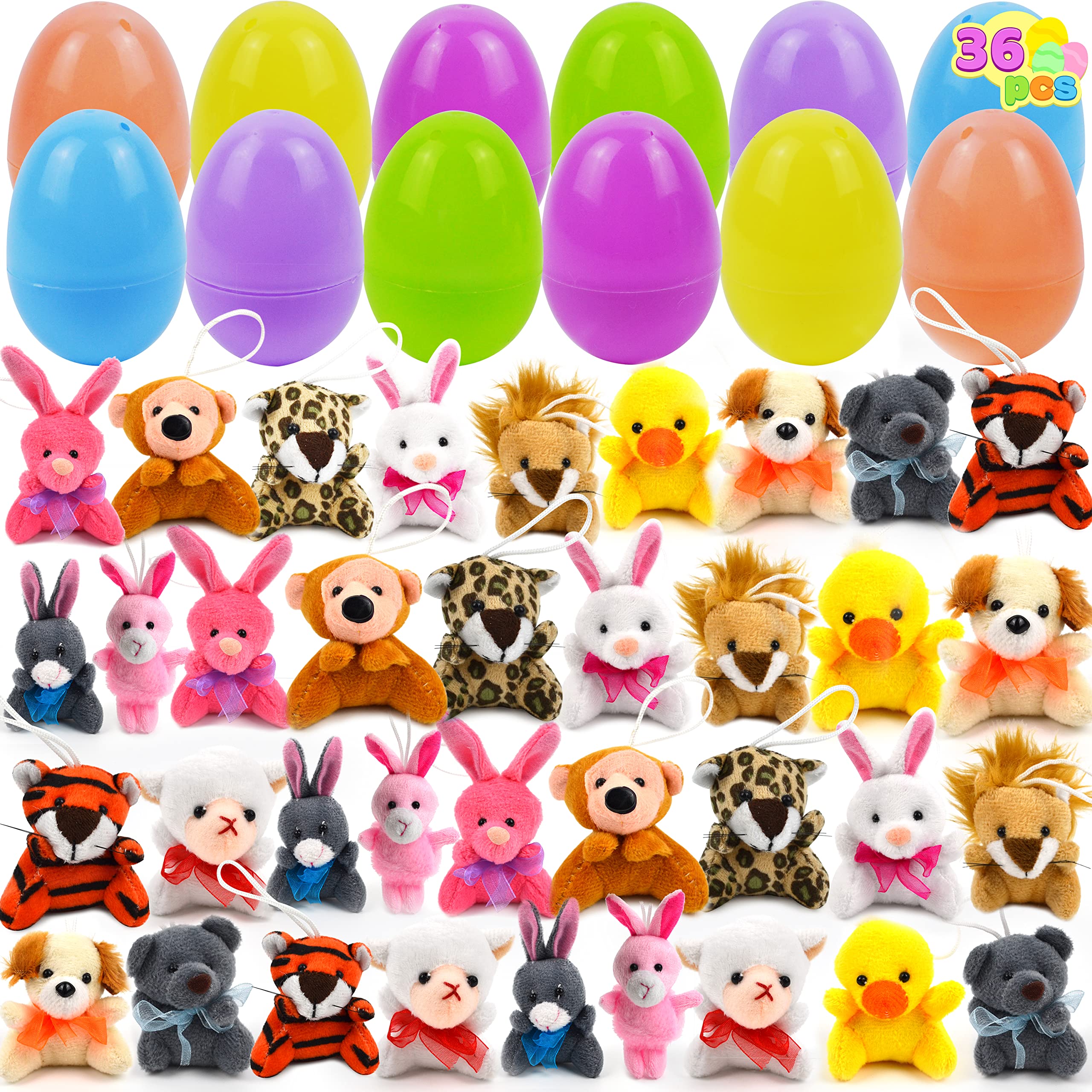 JOYIN 36 Pcs Pre-Filled Easter Eggs Filled with Plush Animal Toys for Kids Toddlers Easter Egg Hunt, Basket Stuffers Fillers, Kids Party Favor, Classroom Prize Supplies