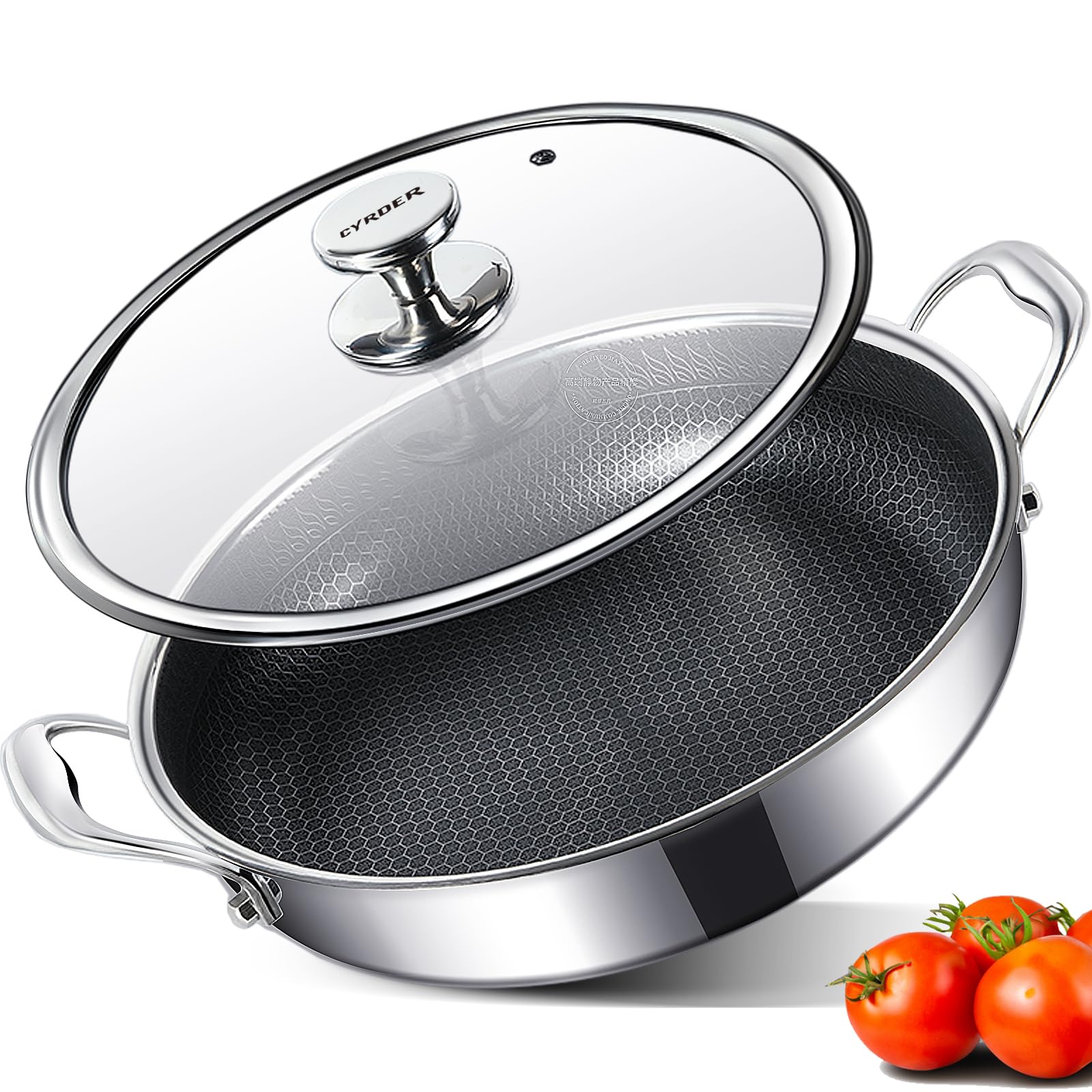 Cyrder Hybird Nonstick Deep Frying Pan-13.5inch 316L Stainless Steel Sauté Pan and Lid