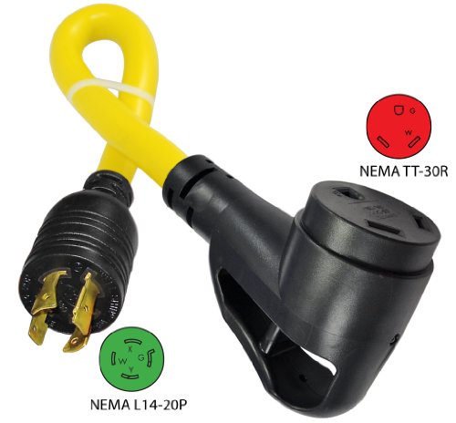 Conntek 15828 1.5-Feet, 20-Amp RV Generator Adapter for Model 4-Prong Locking Plug to RV 30-Amp Ergo Grip Connector with Power Indicator , Yellow
