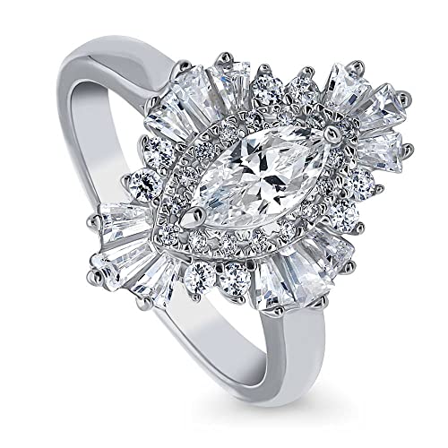 BERRICLE Sterling Silver Halo Wedding Engagement Rings Marquise Cut Cubic Zirconia CZ Statement Cluster Ring for Women, Rhodium Plated Size 7.5
