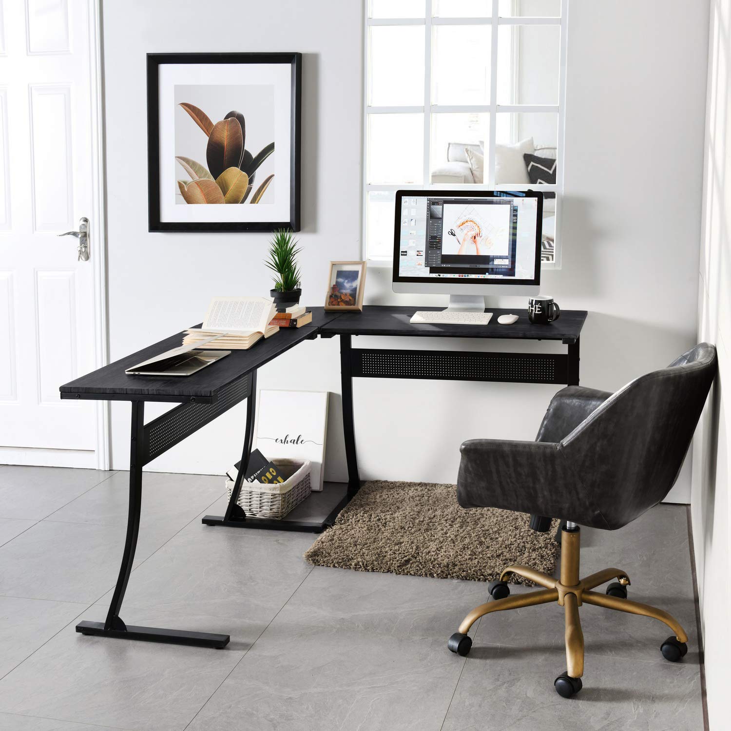L-Shaped Computer Gaming Desk, 54.3'' Corner Writing Table Workstation Multipurpose Space-saving Study Laptop Table with Wide Desktop & Sturdy Metal Legs for Home Office Bedroom, Easy Assembly, Black