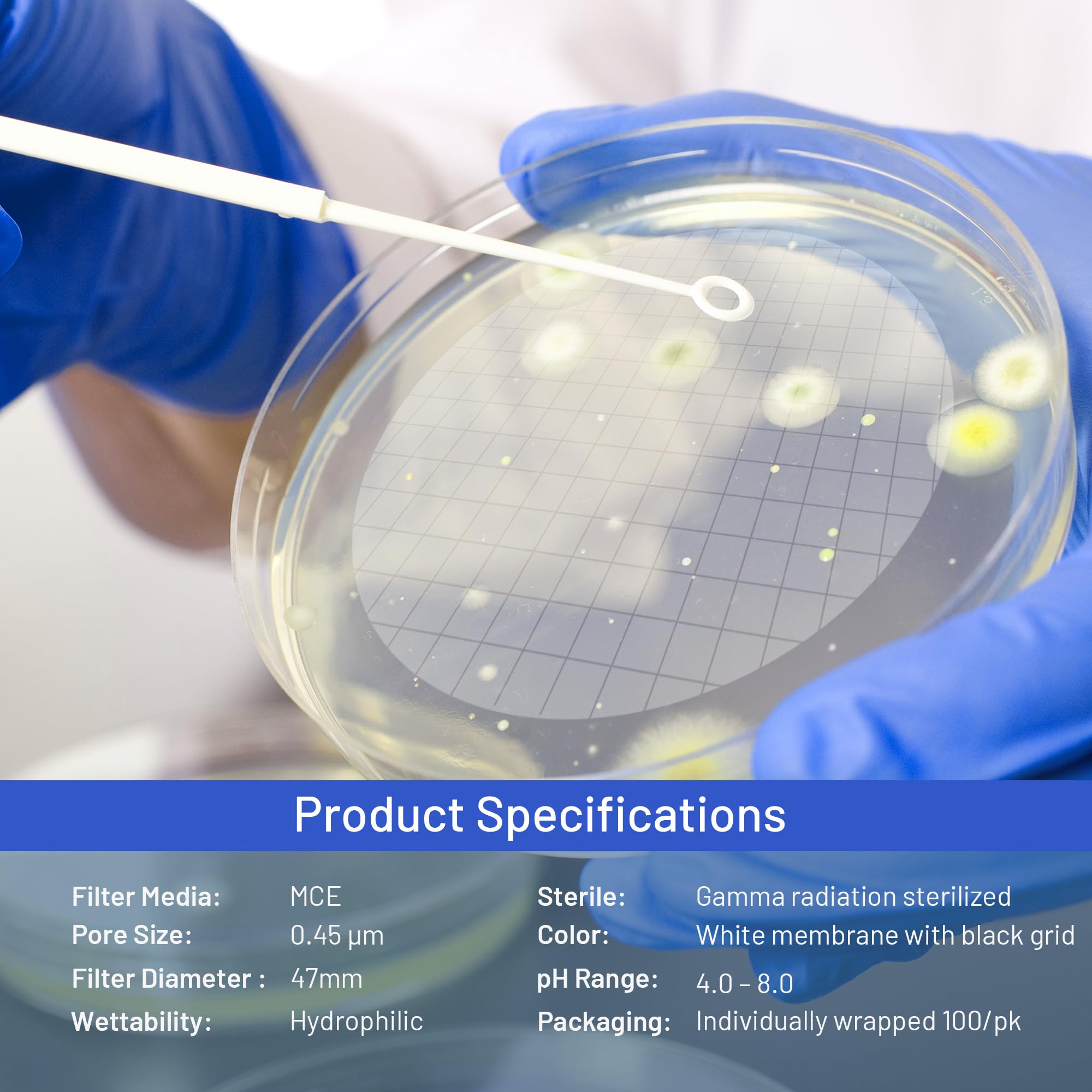 Locofiltr MCE Membrane Filter, Sterile, 47mm, 0.45µm, Hydrophilic, Individually Wrapped, Black Grid, Pack of 100, Mixed Cellulose Esters Membrane Filters Paper Disc Filters