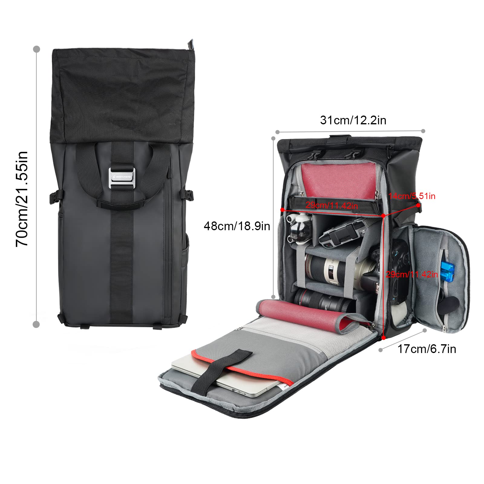 Besnfoto Camera Backpack for Photographer DSLR SLR Waterproof Camera Bag with Laptop Compartment Tipod Holder Roll Top Photographer Case for Hiking Traveling