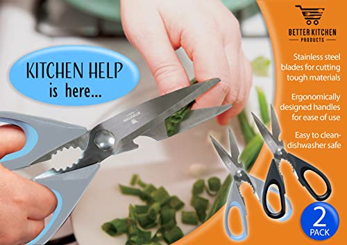 Better Kitchen Products Premium Kitchen Shears, 8.5", All Purpose Stainless Steel Utility Scissors, Heavy Duty, Meat Scissors, Poultry Shears, Multipurpose (2PK-Blk/Gray & Slvr/Blu)