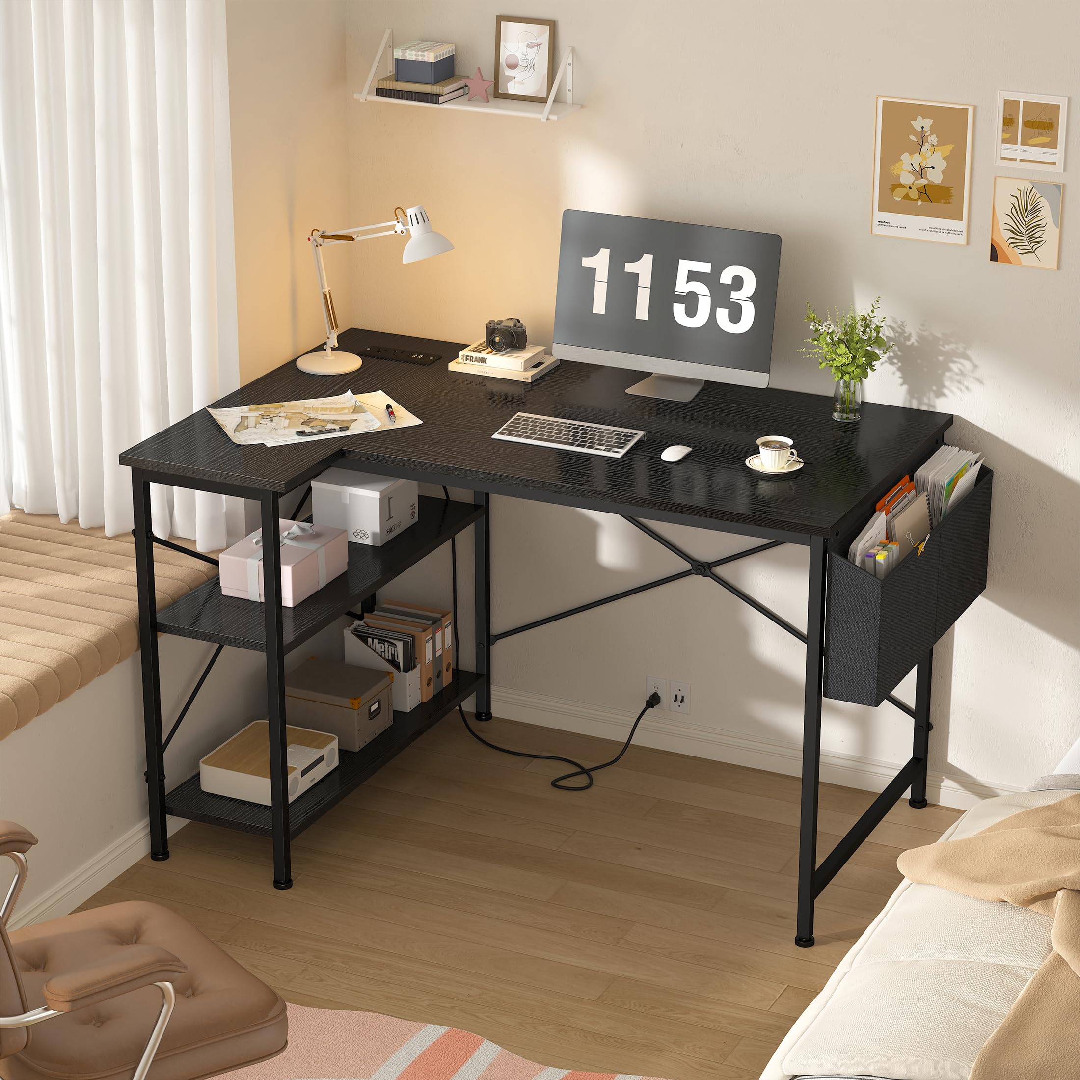 EnHomee L Shaped Computer Desk with File Drawer & Power Outlet, 40" Computer Desk with Storage Bag and Reversible Shelves, Home Office Desk Corner Table for Work, Writing and Study, Black