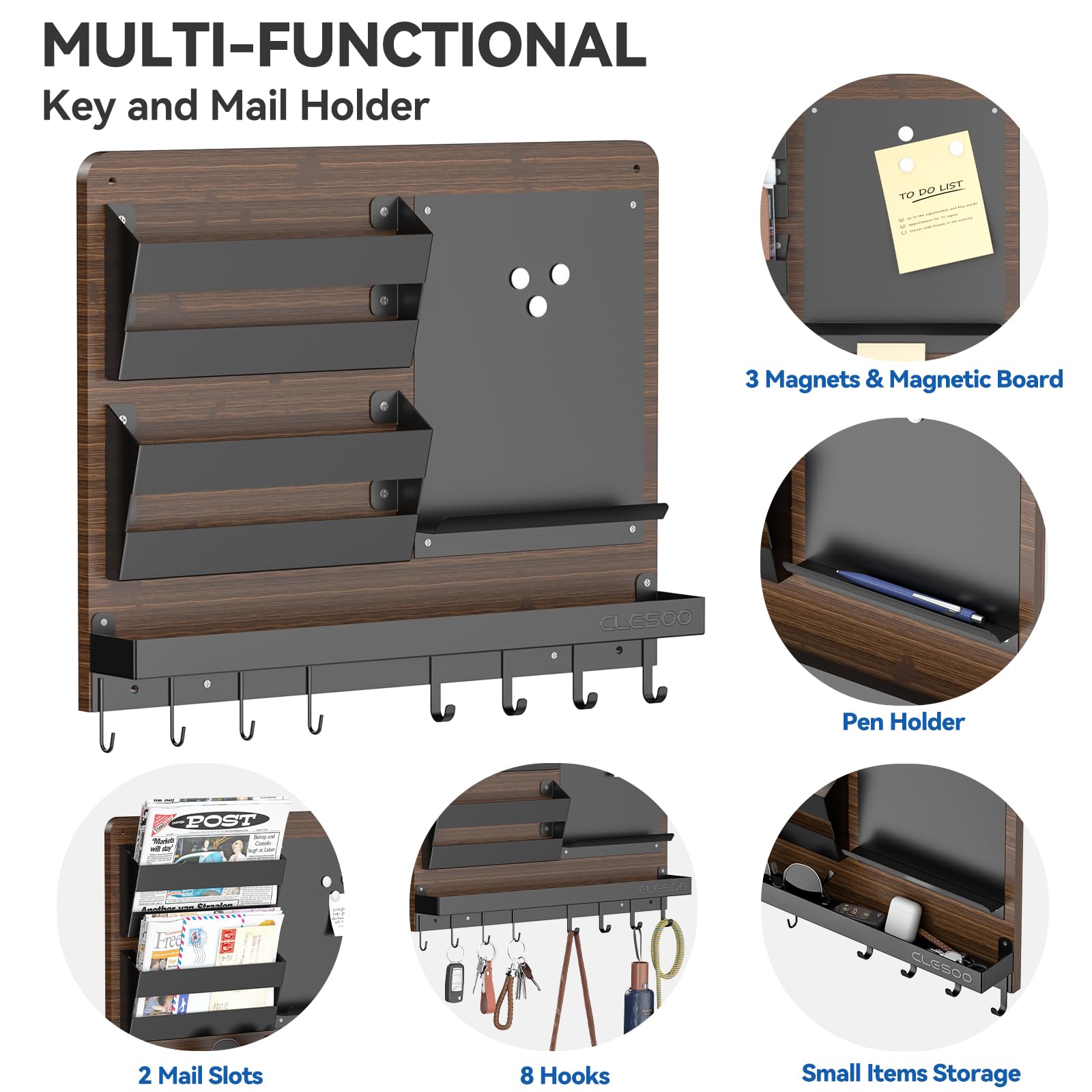 CLESOO Key and Mail Holder for Wall Mount - 8 Key Hooks Mail Organizer Wall Mount with 2 Mail Holders, Magnetic Board, Floating Shelf - Key Rack Hanger Home Decorative for Entryway Hallway Letter