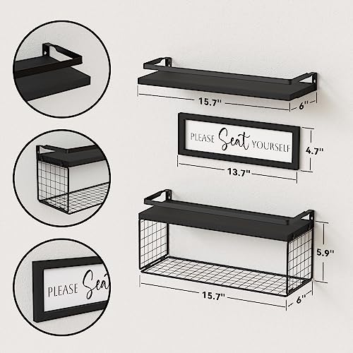 DOLLFIO Floating Shelves with Wall Décor Sign, Bathroom Shelves Over Toilet with Wire Storage Basket, Wood Wall Shelves with Protective Metal Guardrail– Black