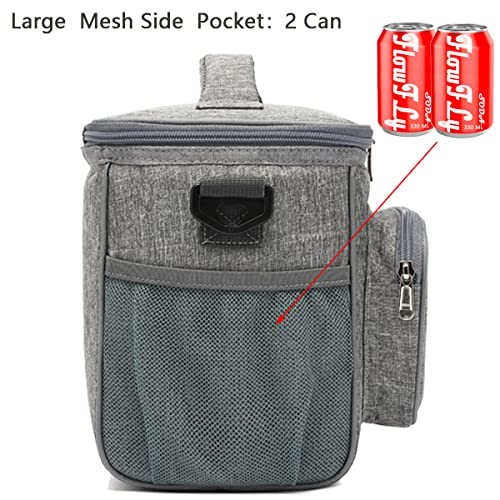 FlowFly Insulated Reusable Lunch Bag Adult Large Lunch Box for Women and Men with Adjustable Shoulder Strap,Front Zipper Pocket and Dual Large Mesh Side Pockets,Grey