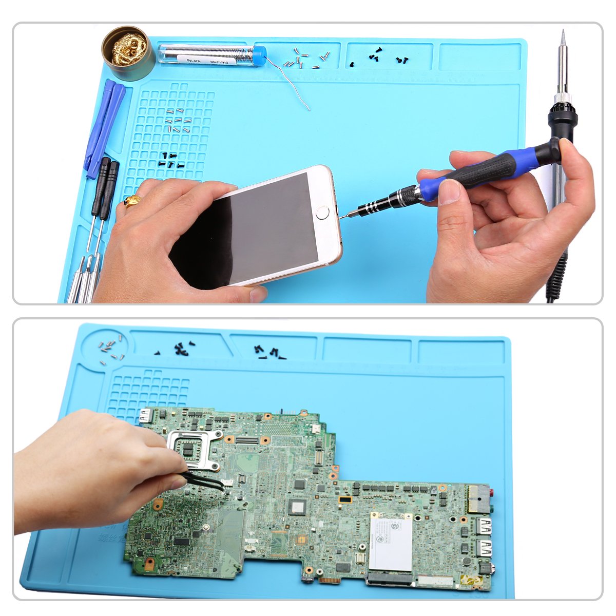 XOOL Heat Resistant Soldering Mat - Blue Magnetic Silicone Work Mat with Scale Ruler and Screw Position, Silicone Soldering Repair Mat for Soldering, Phone, Laptop, Tablet, Watch Repair(13.7''×9.76'')