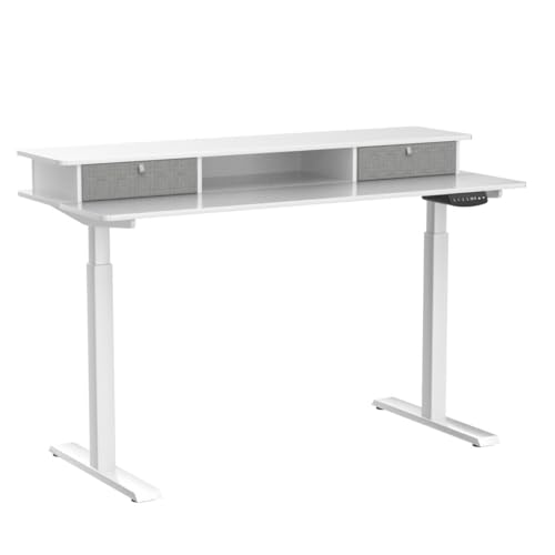 BANTI 55x24 Inch Electric Standing Desk with Double Drawers, Adjustable Height Stand Up Desk, Sit Stand Home Office Desk with Storage Shelf, White Top