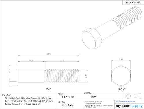 Steel Hex Bolt, Grade 8, Zinc Yellow-Chromate Plated Finish, Hex Head, External Hex Drive, Meets ASME B18.2.1/SAE J429, 2" Length, Partially Threaded, 7/16"-14 Threads (Pack of 10)