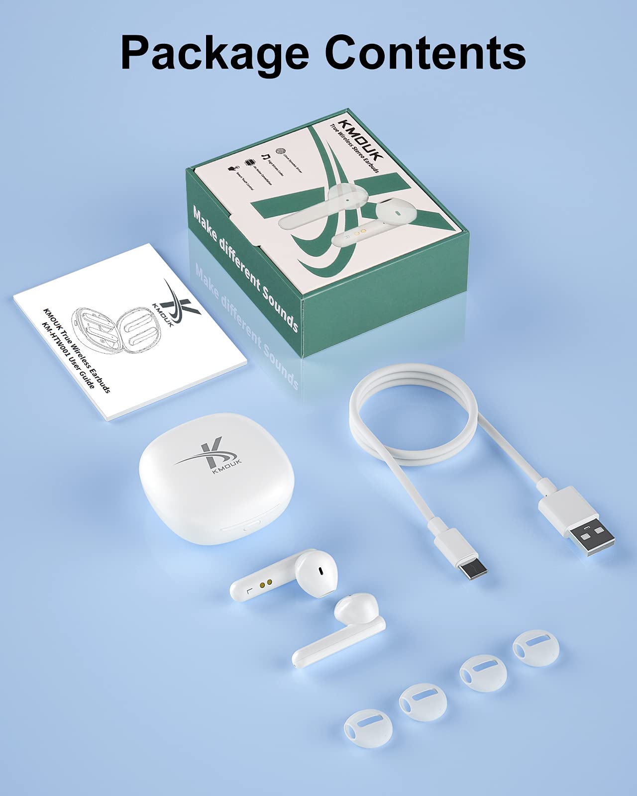 KMOUK True Wireless Earbuds, Qualcomm QCC3040 Bluetooth 5.2 Earbuds, IPX8 Waterproof Earphones, 4-Mic CVC8.0 Call Noise Reduction, 30H Playtime, in-Ear Stereo Headphones with Touch Control, White