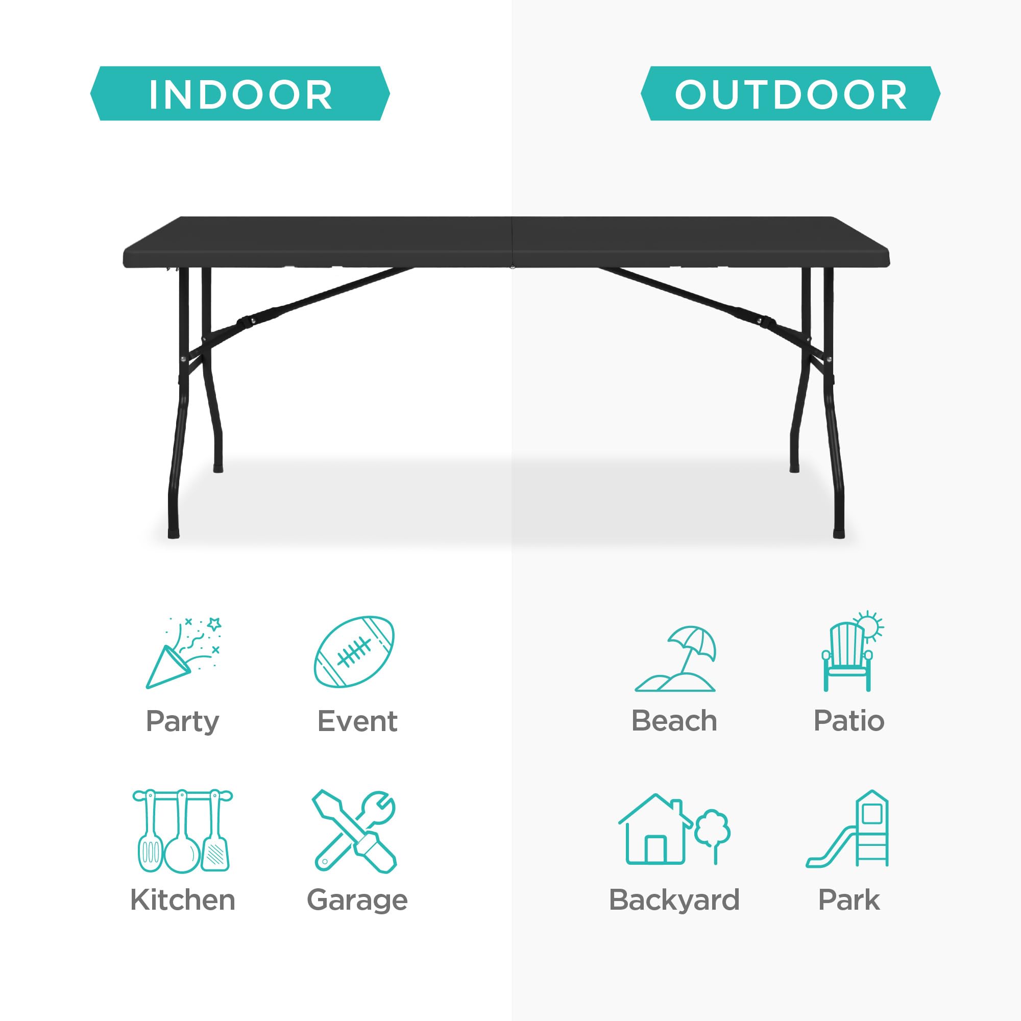 Best Choice Products 6ft Plastic Folding Table, Indoor Outdoor Heavy Duty Portable w/Handle, Lock for Picnic, Party, Camping - Black