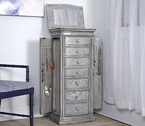 HIVES&HONEY Luke Wood Jewelry Cabinet Armoire Storage Box Chest Stand Organizer Necklace Holder in Smoke Grey
