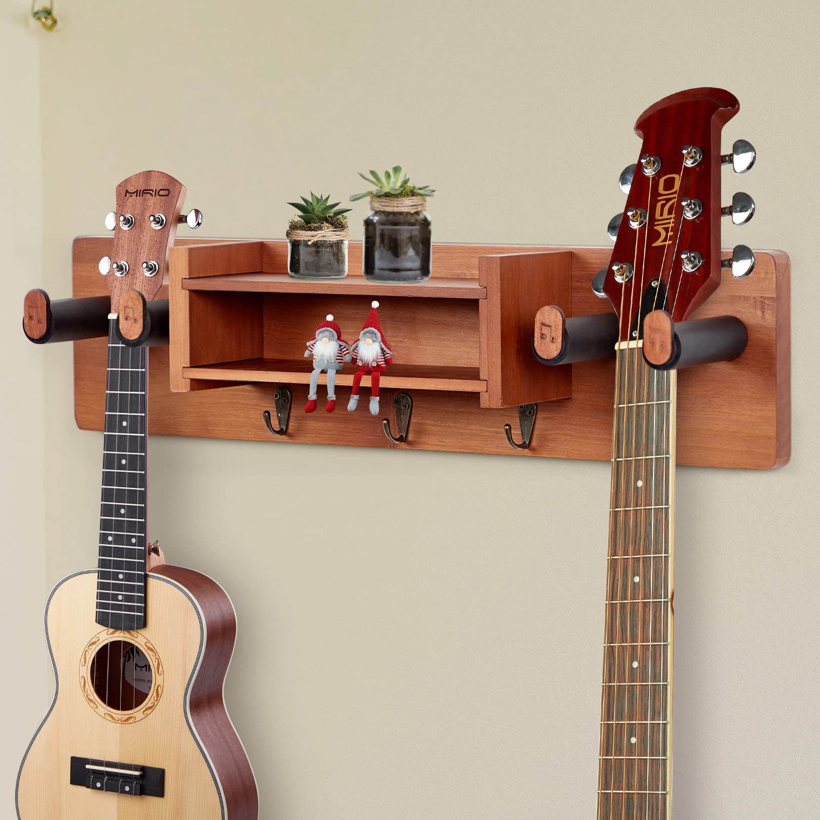 MIRIO Double Guitar Wall Mount with Shelf, Solid Wood Guitar/Ukulele Hangers with 2 Guitar Holders and Pick Holders for Wall Mount- Brown