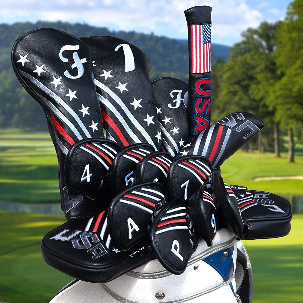 BIG TEETH Golf Head Covers Driver Hybrid Fairway USA Stripe and Star Golf Accessories (Driver Cover)
